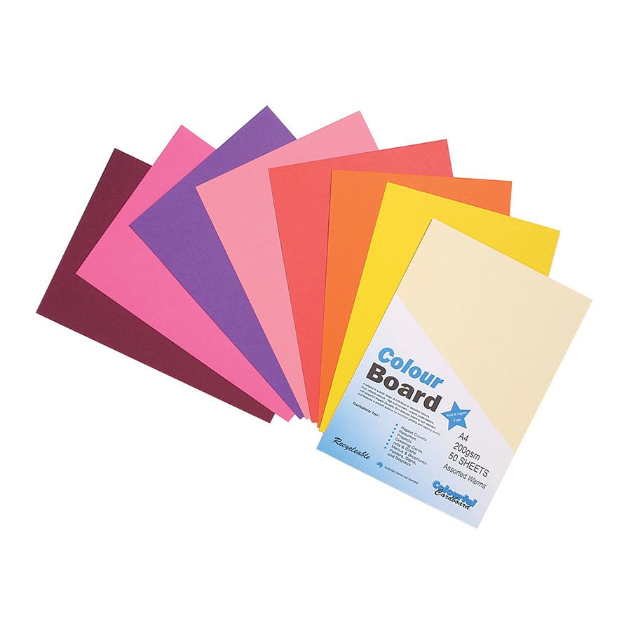 COS COLOURBOARD A4 200GSM ASSORT WARM COLOURS PKT-50
